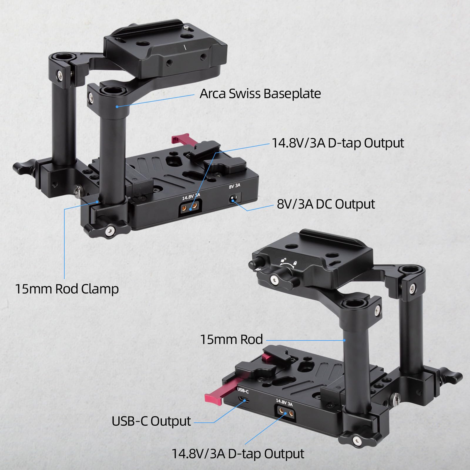 Nitze V Mount Baseplate with V Mount Battery Plate, 15mm Rod Clamp and Arca Swiss Baseplate (8V/3A DC, 14.8V/3A D-tap and PD 3.0 USB-C Output Ports) - N21-D7C