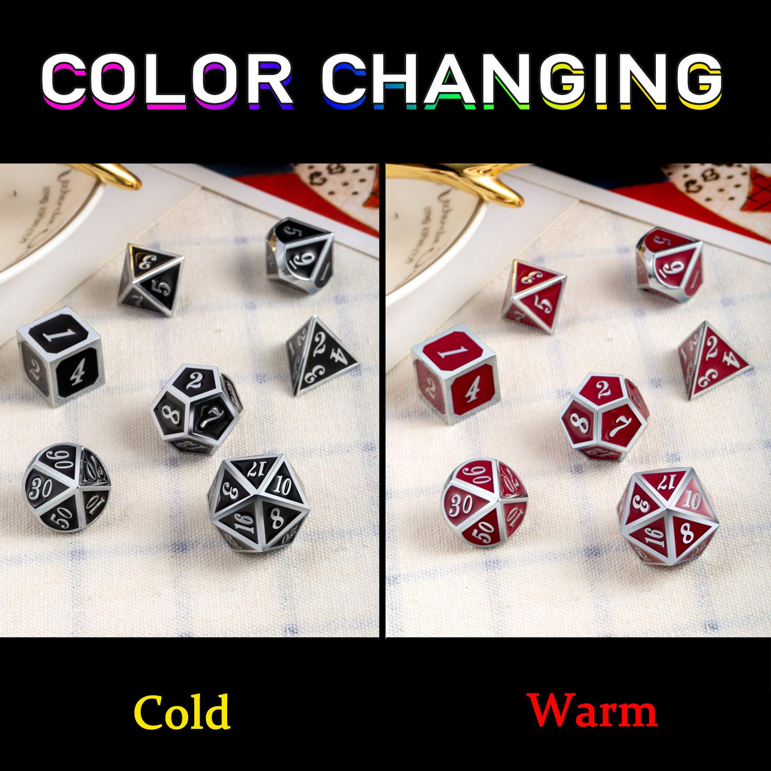 DNDND Color Changing Metal Dice Set, Temperature Sensitive DND Game Dice Set with Free Metal Tin for Dungeons and Dragons D&D Rolling Table Games (Silver Number with Black to Red)
