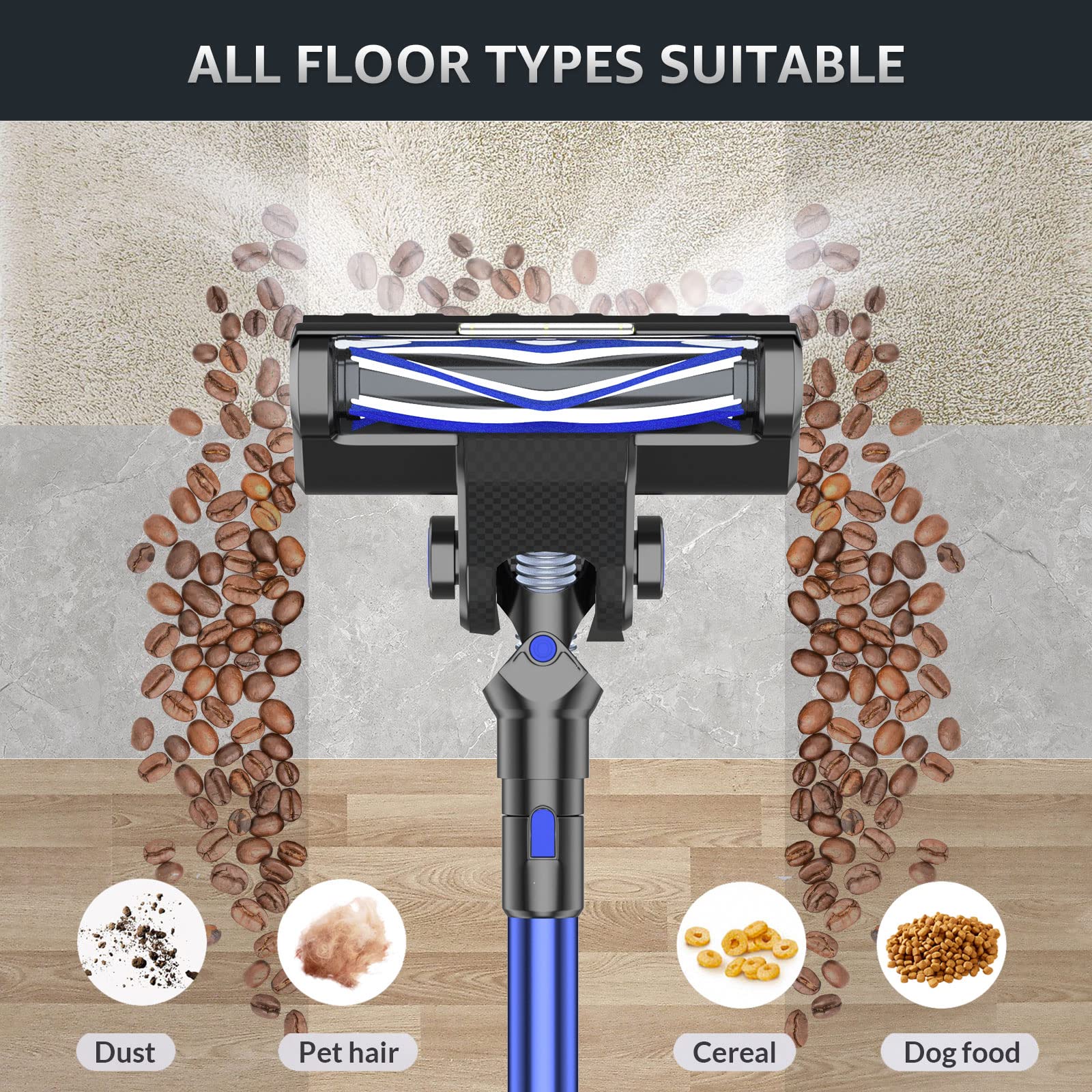 FirstLove Cordless Vacuum Cleaner - High Suction Stick with Up to 45 Mins Runtime, Removable Rechargeable Battery, 6 in 1 Lightweight for Carpet and Hard Floor Pet Hair, Navy, (E17)