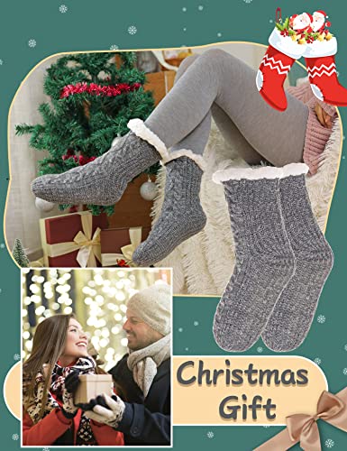 Fuzzy Slipper Socks for Women Fluffy Cozy Cabin Fleece Winter Warm Plush Home Thick Comfy Grips Non Slip Socks Christmas Gift Stocking Stuffer(Knit- Grey Blue)