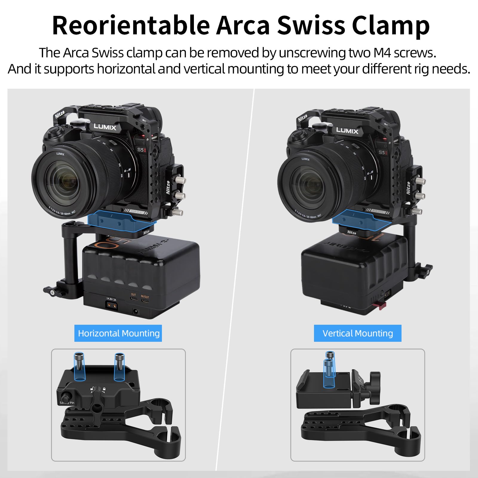 Nitze V Mount Baseplate with V Mount Battery Plate, 15mm Rod Clamp and Arca Swiss Baseplate (8V/3A DC, 14.8V/3A D-tap and PD 3.0 USB-C Output Ports) - N21-D7C