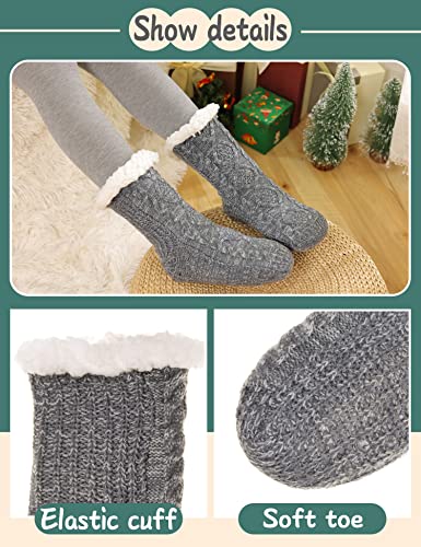 Fuzzy Slipper Socks for Women Fluffy Cozy Cabin Fleece Winter Warm Plush Home Thick Comfy Grips Non Slip Socks Christmas Gift Stocking Stuffer(Knit- Grey Blue)