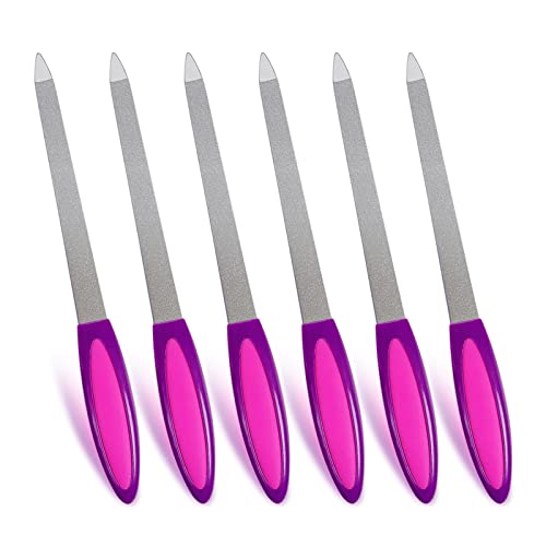 Metal Nail File (6 Pcs), Fingernail Files for Natural Nails Made of Stainless Steel Nail Files with Sharp Pointed Tip Non Slip Handle Diamond Finger Nail Filers Sapphire Grit Purple Pink