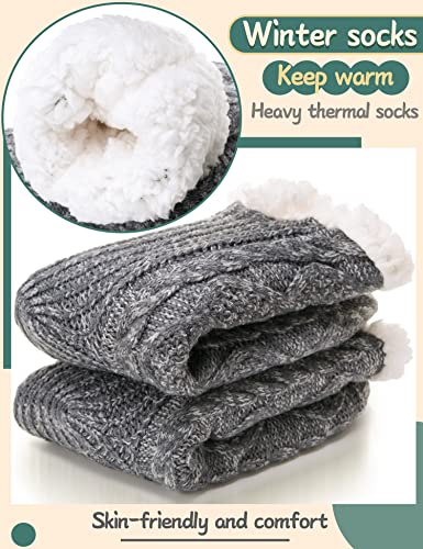 Fuzzy Slipper Socks for Women Fluffy Cozy Cabin Fleece Winter Warm Plush Home Thick Comfy Grips Non Slip Socks Christmas Gift Stocking Stuffer(Knit- Grey Blue)
