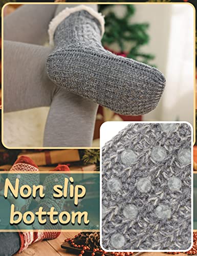 Fuzzy Slipper Socks for Women Fluffy Cozy Cabin Fleece Winter Warm Plush Home Thick Comfy Grips Non Slip Socks Christmas Gift Stocking Stuffer(Knit- Grey Blue)