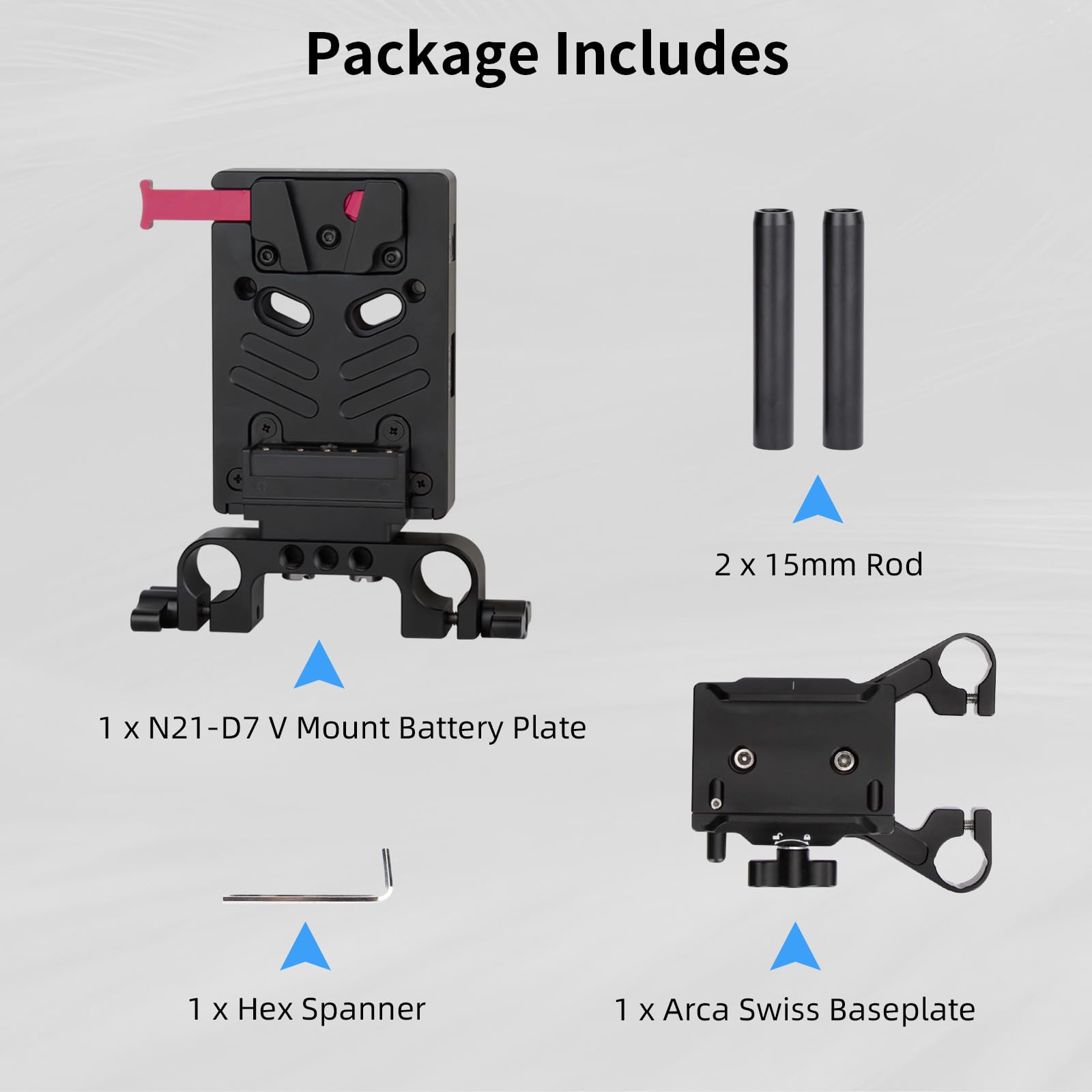 Nitze V Mount Baseplate with V Mount Battery Plate, 15mm Rod Clamp and Arca Swiss Baseplate (8V/3A DC, 14.8V/3A D-tap and PD 3.0 USB-C Output Ports) - N21-D7C
