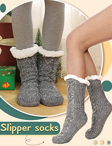 Fuzzy Slipper Socks for Women Fluffy Cozy Cabin Fleece Winter Warm Plush Home Thick Comfy Grips Non Slip Socks Christmas Gift Stocking Stuffer(Knit- Grey Blue)