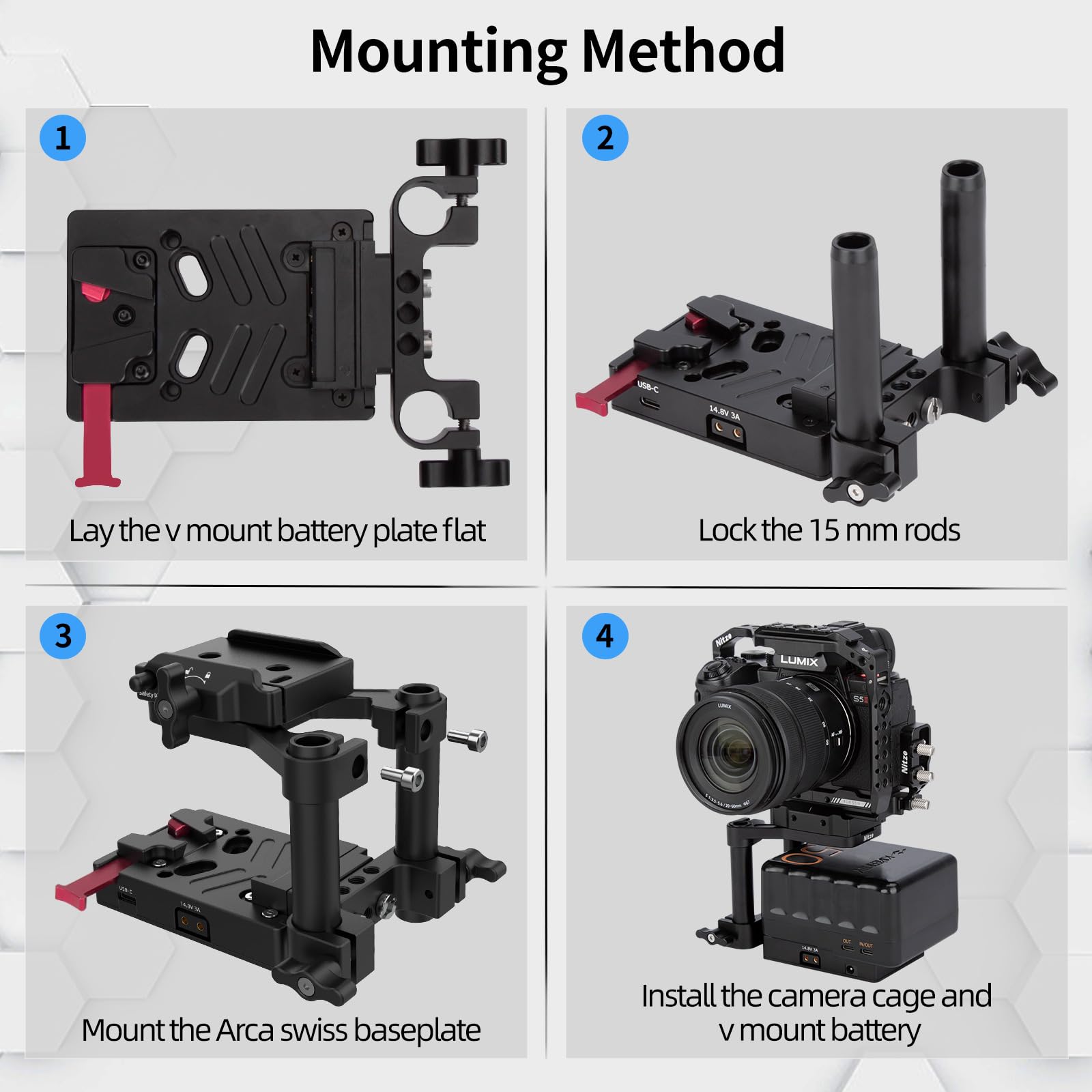 Nitze V Mount Baseplate with V Mount Battery Plate, 15mm Rod Clamp and Arca Swiss Baseplate (8V/3A DC, 14.8V/3A D-tap and PD 3.0 USB-C Output Ports) - N21-D7C