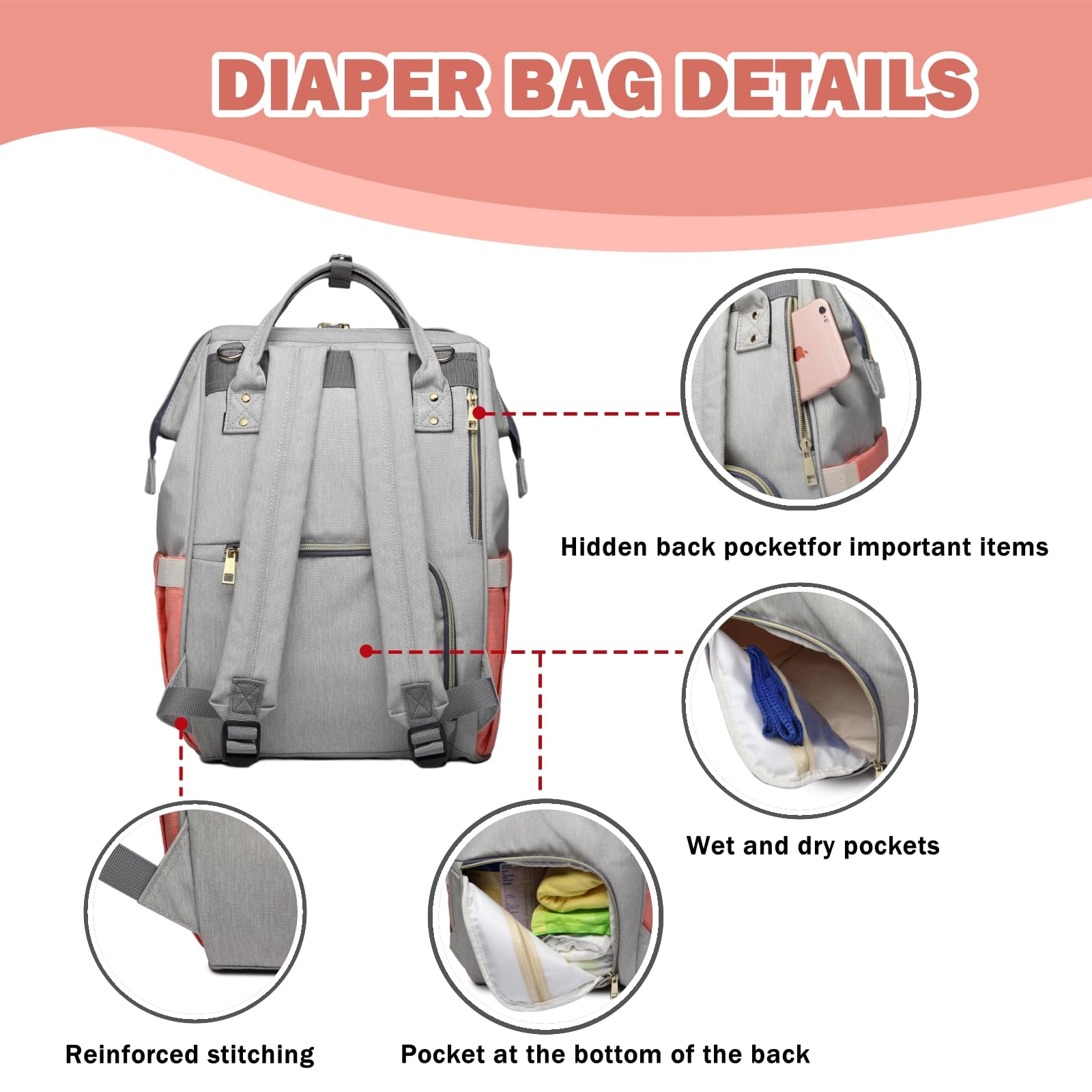 Armbq Diaper Bag Backpack Waterproof Multi-Function Diaper Bag for Baby Care Travel Essentials Baby Bag for Mom Large Capacity Pink