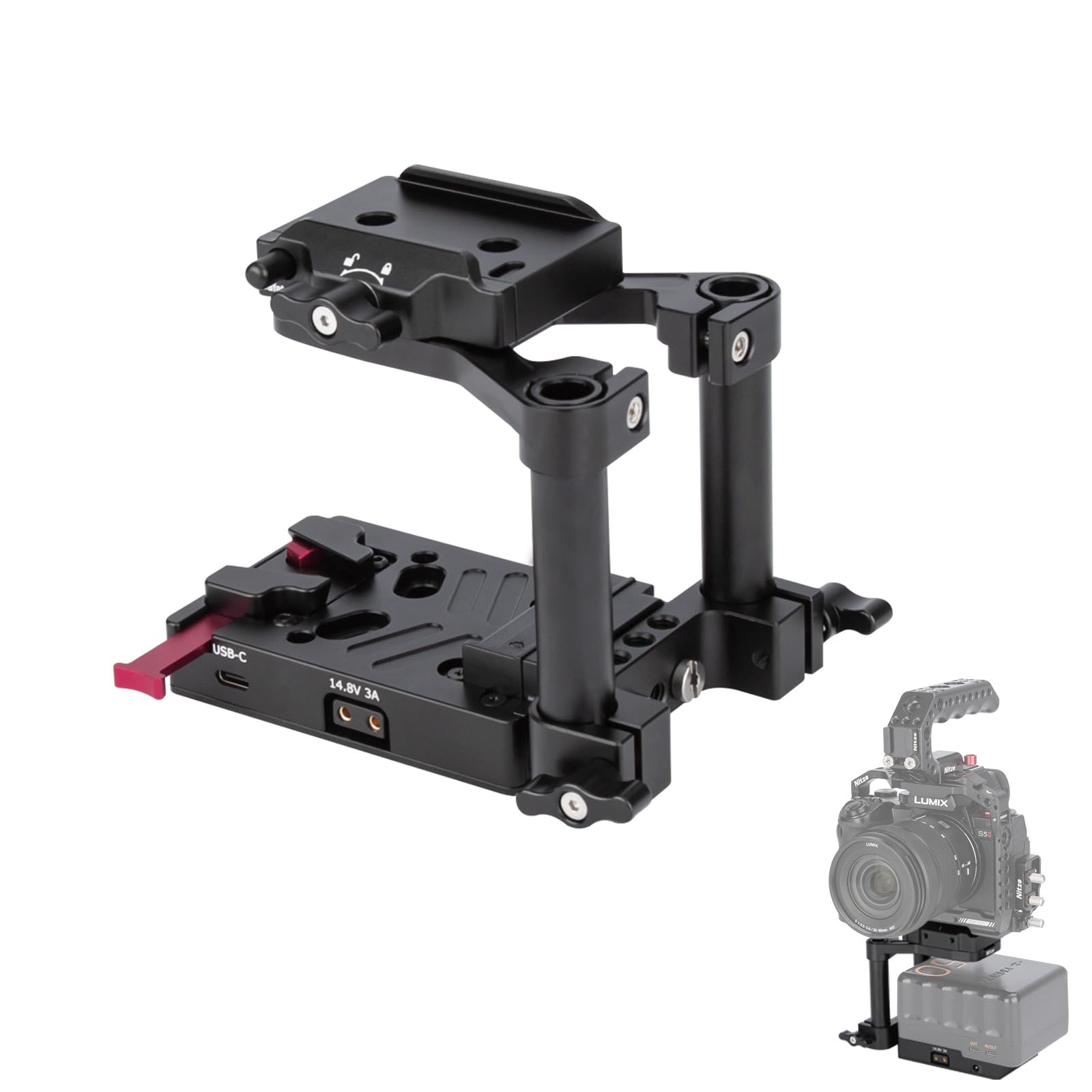 Nitze V Mount Baseplate with V Mount Battery Plate, 15mm Rod Clamp and Arca Swiss Baseplate (8V/3A DC, 14.8V/3A D-tap and PD 3.0 USB-C Output Ports) - N21-D7C