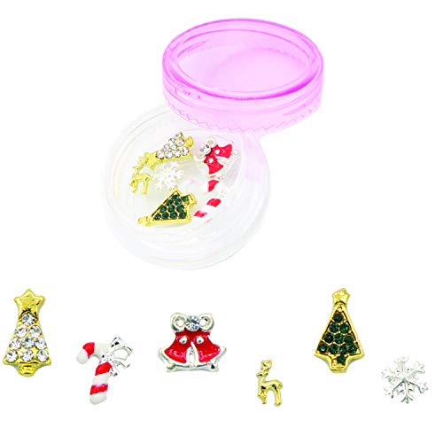 NAILDROBE 6 Christmas Holiday Nail Charms (Reindeer, Christmas Trees, Candy Cane, Snowflake, Bell) 2019 Edition PLUS Bonus Reusable Storage Jar