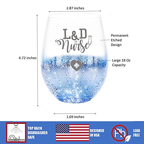 Osci-Fly Valentines Day Gifts for Nurse, L&D Nurse Handmade Blue Etched Wine Glass 18 Ounces - Creative Gift for Nurses