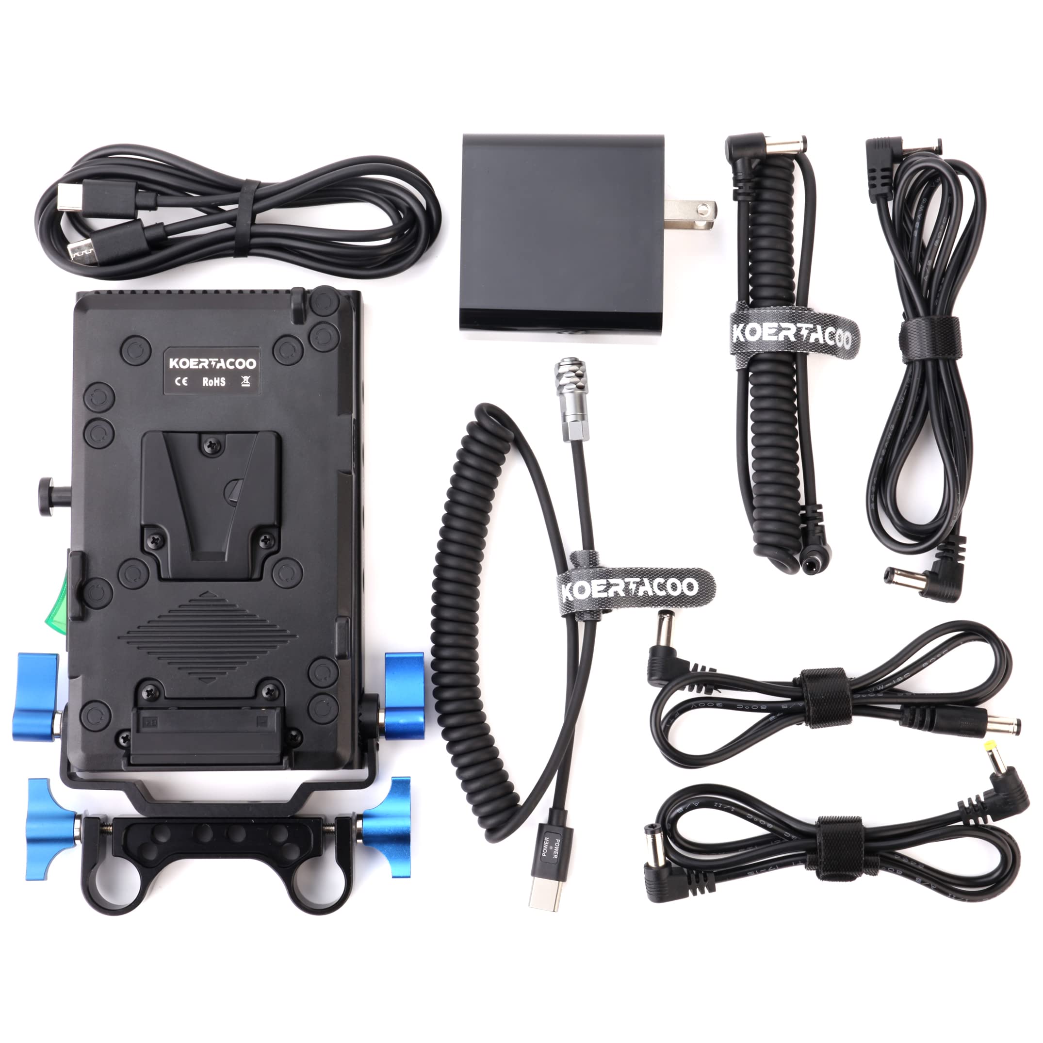 KOERTACOO V-Mount Lock Battery Plate Power Supply Splitter Adapter with V Mount Battery Charging Function + BMPCC 4K/6K USB-C PD Coiled Power Cable for Black Magic Pocket Cinema Camera.