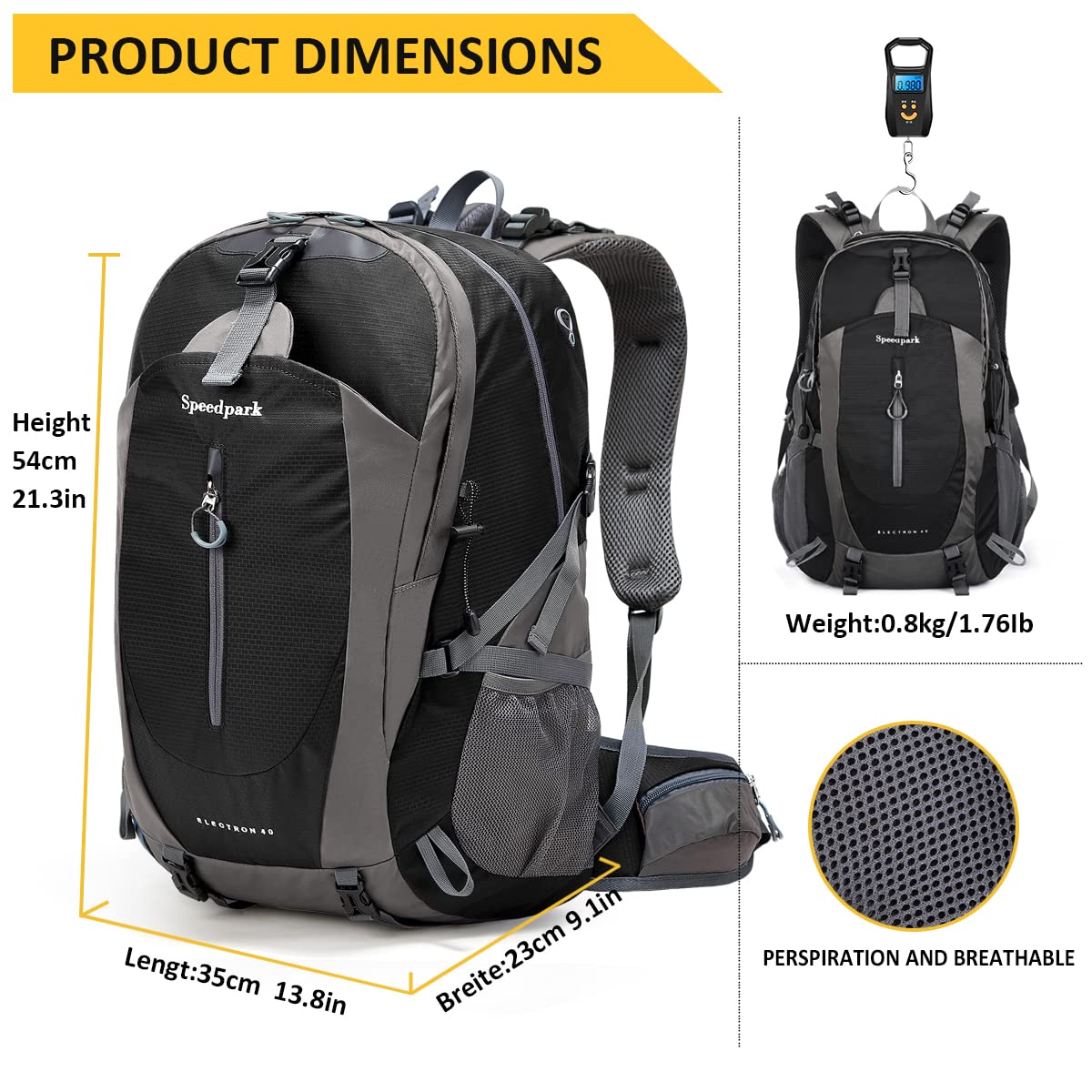 SPEEDPARK Hiking Backpack 40L Waterproof Hiking Daypack with Rain Cover, Outdoor Trekking Travel Backpacks for Men Women