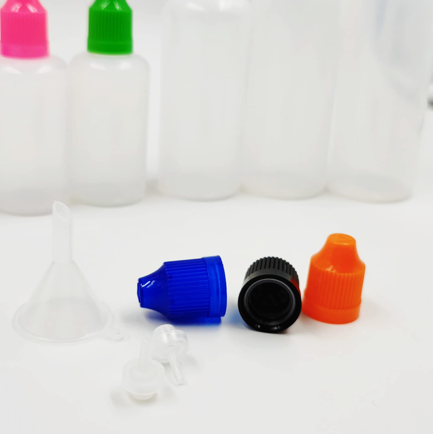 NANSHINE 50MLx20 LDPE Plastic Dropper Bottles Empty Squeeze Liquid Eye Dripper Containers with Child Resistant Cap(Bottles + Mixing Color Caps + Tips+label)