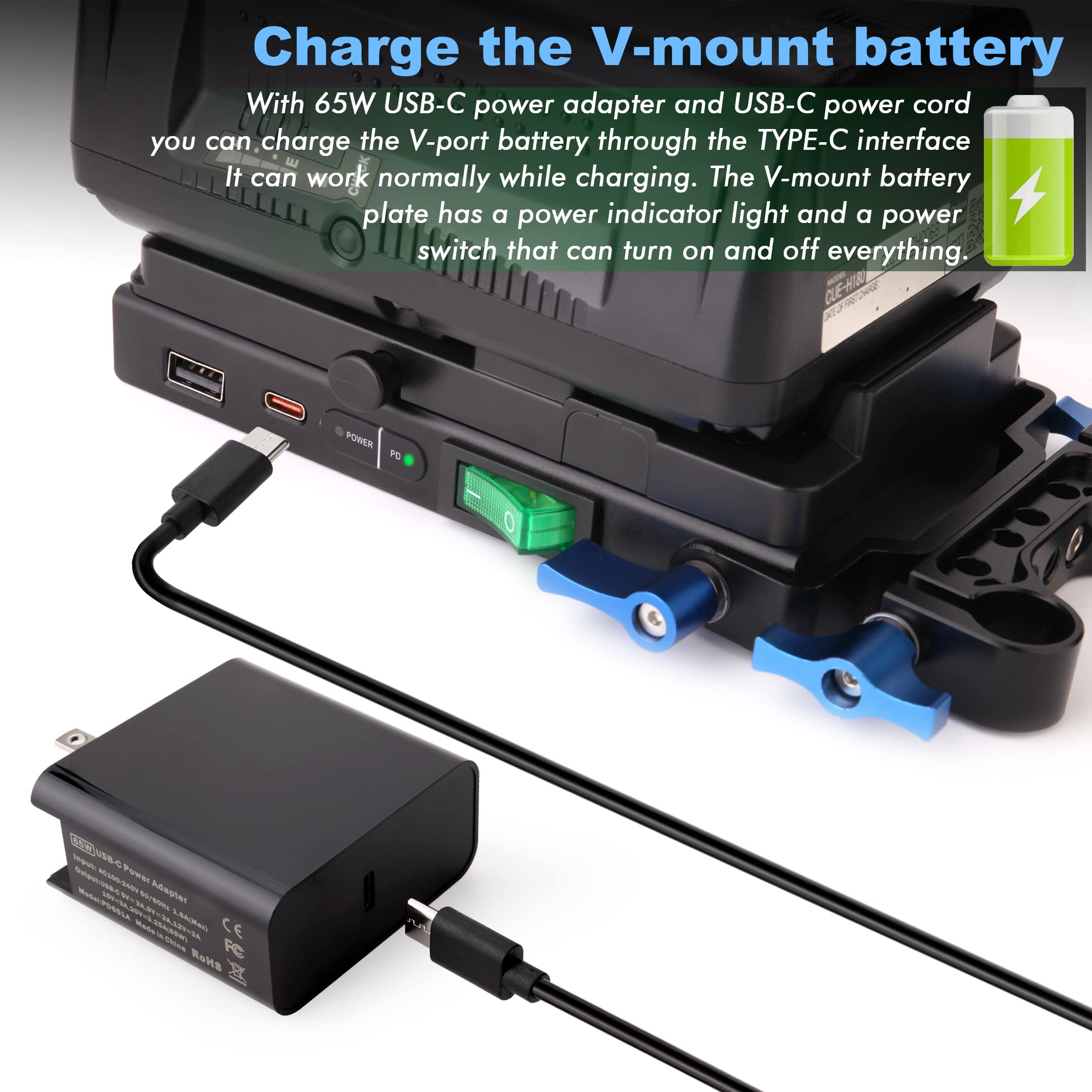 KOERTACOO V-Mount Lock Battery Plate Power Supply Splitter Adapter with V Mount Battery Charging Function + BMPCC 4K/6K USB-C PD Coiled Power Cable for Black Magic Pocket Cinema Camera.