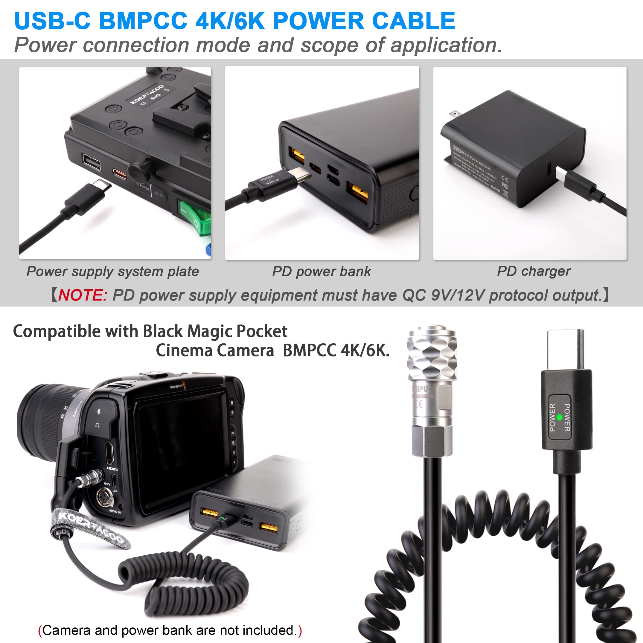 KOERTACOO V-Mount Lock Battery Plate Power Supply Splitter Adapter with V Mount Battery Charging Function + BMPCC 4K/6K USB-C PD Coiled Power Cable for Black Magic Pocket Cinema Camera.