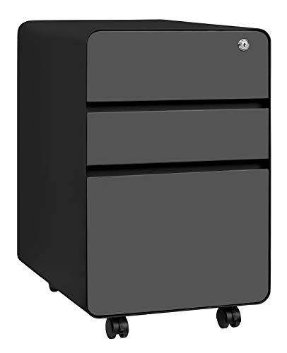 Laura Davidson Furniture Stockpile Flat 3 Drawer File Cabinet with Lock - Under Office Desk Metal Filing Cabinet, Legal/Letter File Folders, Wheels and Stationary Feet, Pre-Assembled, Grey