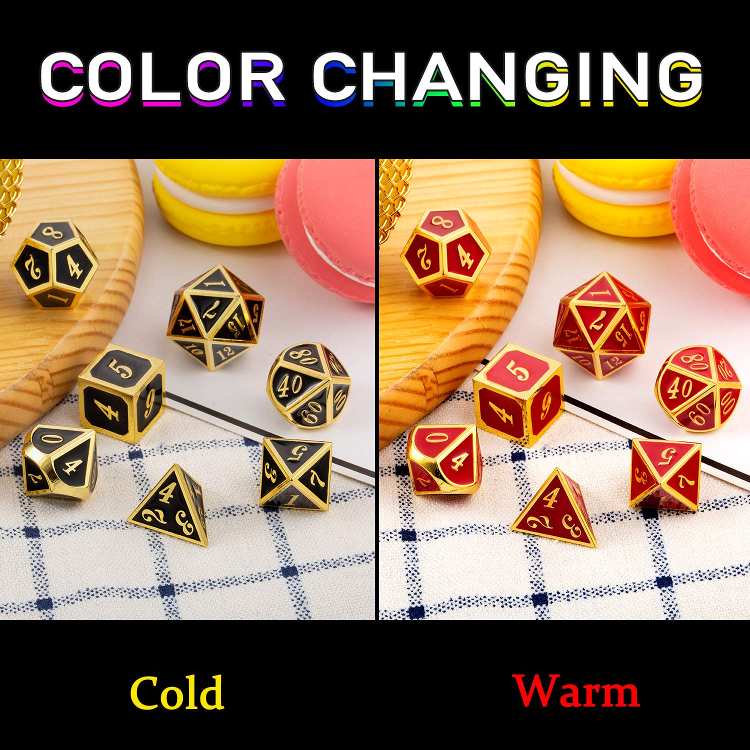 Color Changing D&D Metal Dice Set, DNDND Temperature Sensitive Game Dice DND with Free Metal Tin for Dungeons and Dragons D&D Role Playing Table Games (Glod Number with Black to Red)