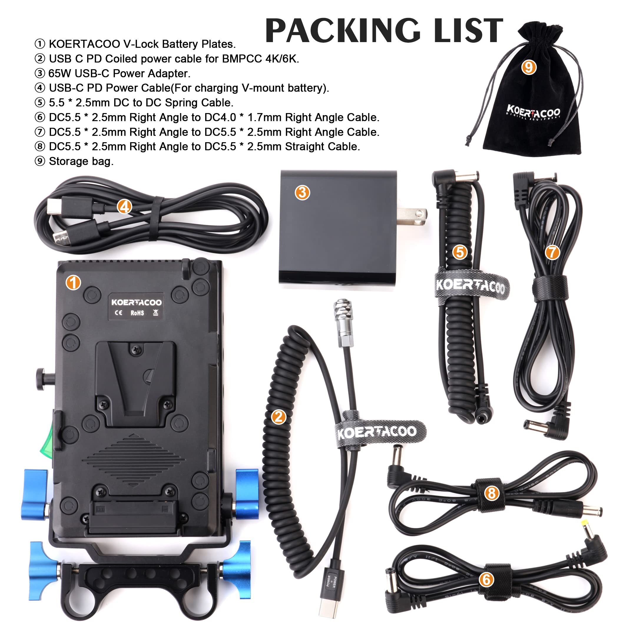 KOERTACOO V-Mount Lock Battery Plate Power Supply Splitter Adapter with V Mount Battery Charging Function + BMPCC 4K/6K USB-C PD Coiled Power Cable for Black Magic Pocket Cinema Camera.