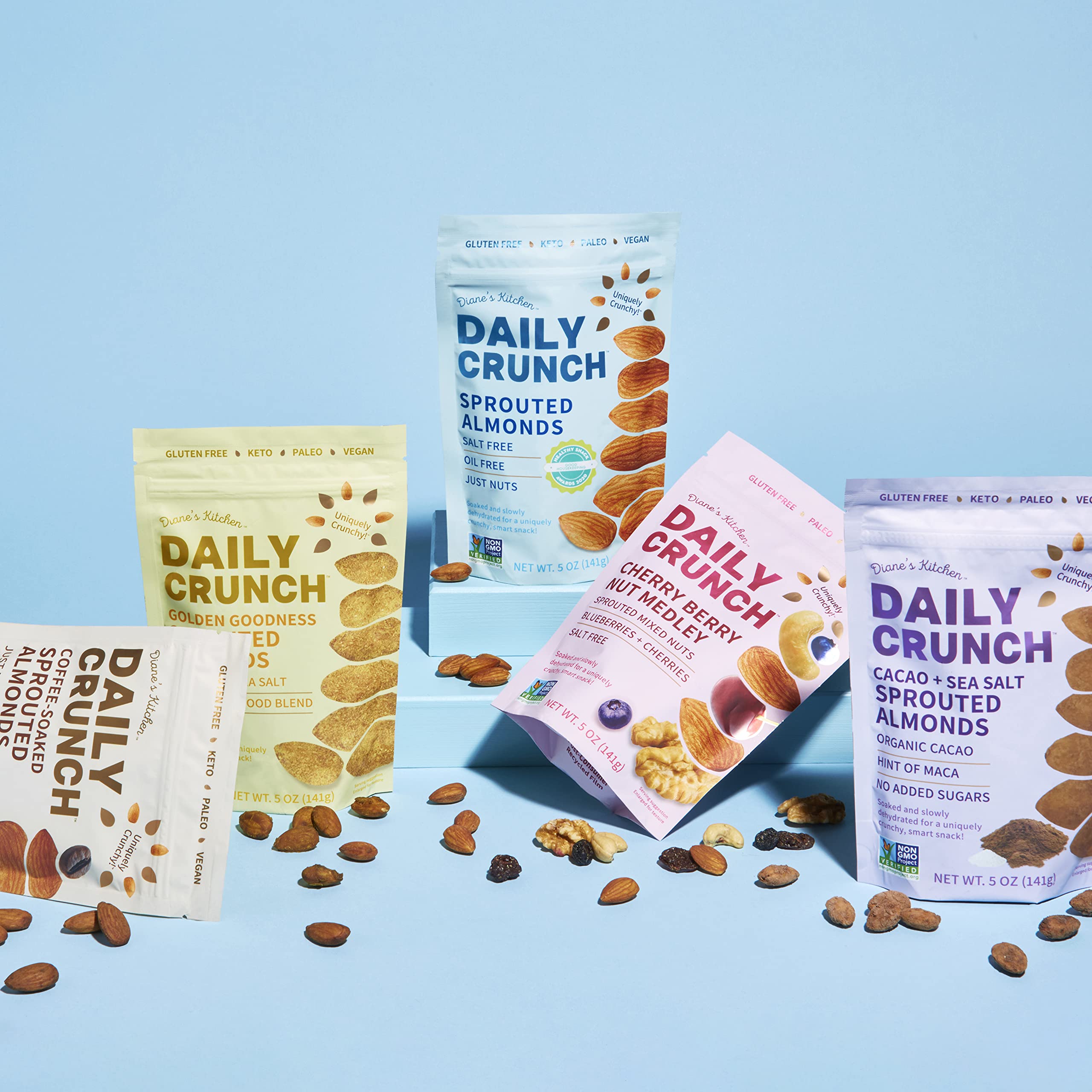 Daily Crunch Sprouted Almonds, 1.5 Ounce Mini, On-The-Go Bags (Variety Pack, 5 Pack) Contains: Original Sprouted, Cherry Berry, Golden Goodness, Cacao and Sea Salt, Coffee Coconut