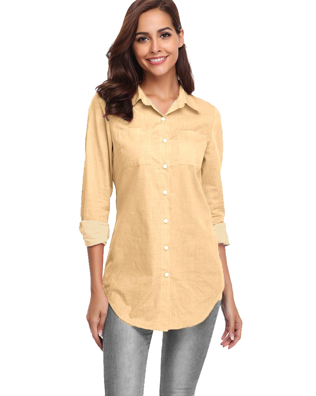 Fuinloth Women's Chambray Button Down Shirt, Long Sleeve Cotton Blouse, Long Jeans Tunic Top Light Orange Medium