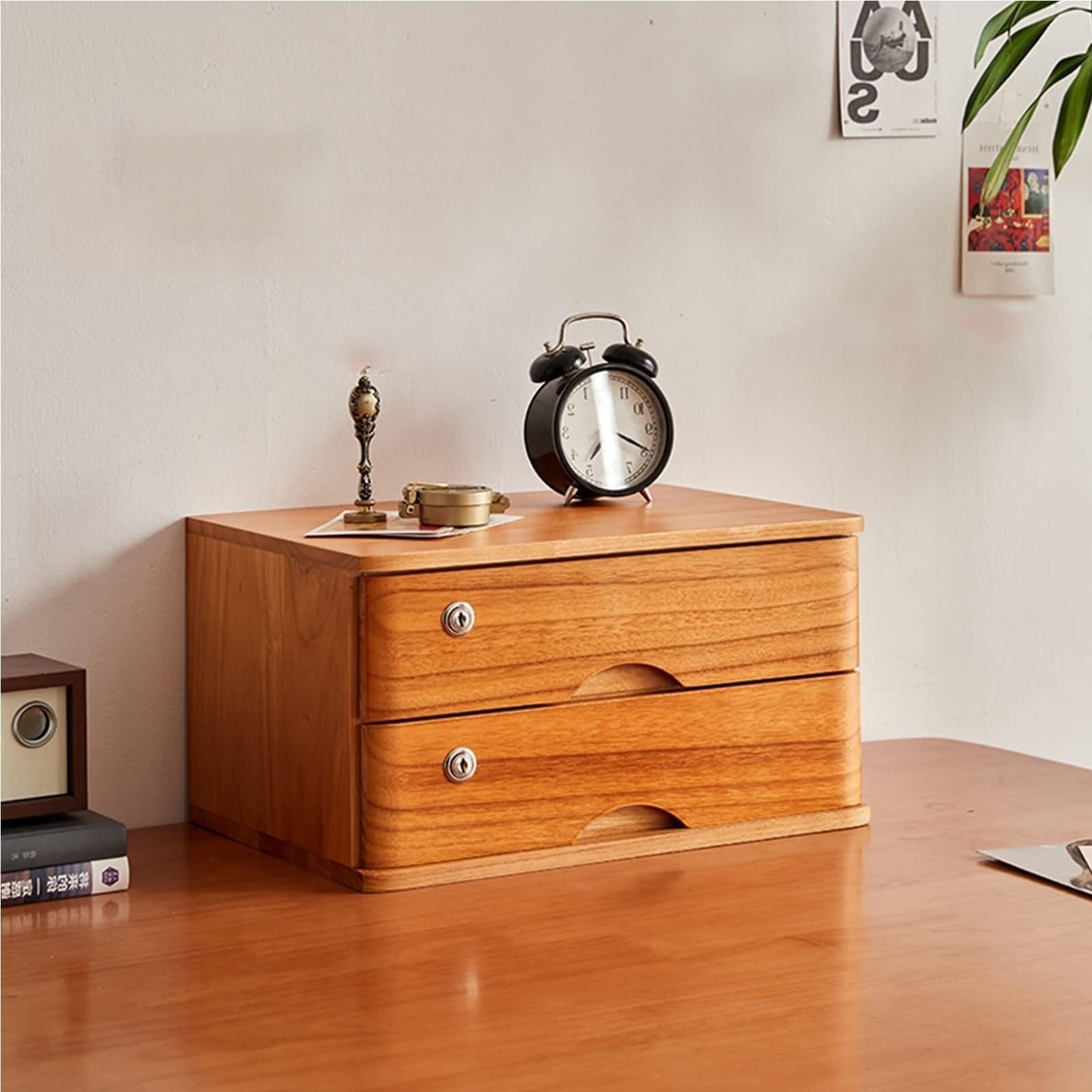 Solid Wood Storage Box - Desktop File Cabinet - With Lock Flat File Cabinet Storage, Desktop Drawer Cabinet, Wooden File Cabinet/Desktop Storage Cabinet/Data Cabinet, 1/2/3/4 Tier ( Color : Wood color