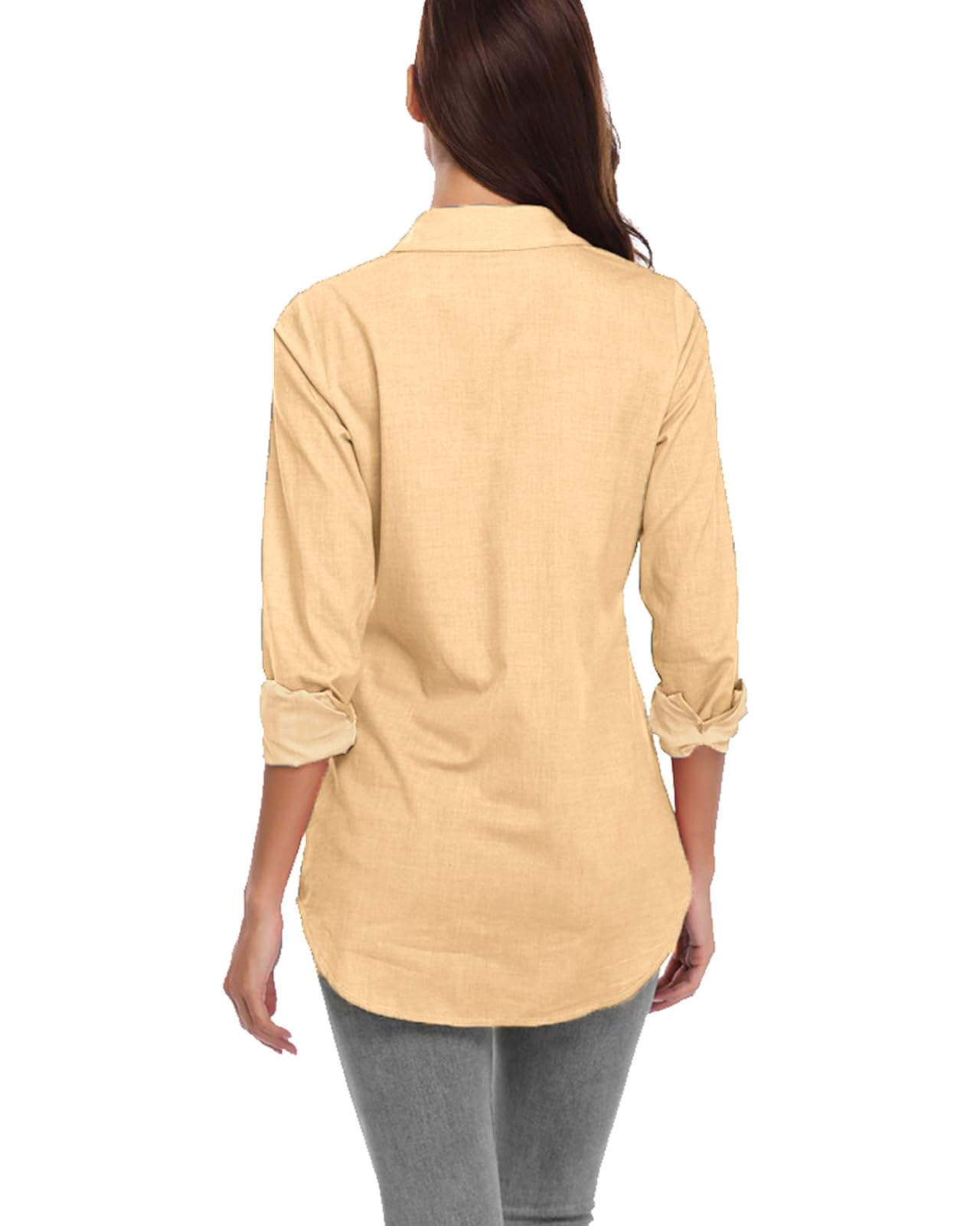 Fuinloth Women's Chambray Button Down Shirt, Long Sleeve Cotton Blouse, Long Jeans Tunic Top Light Orange Medium