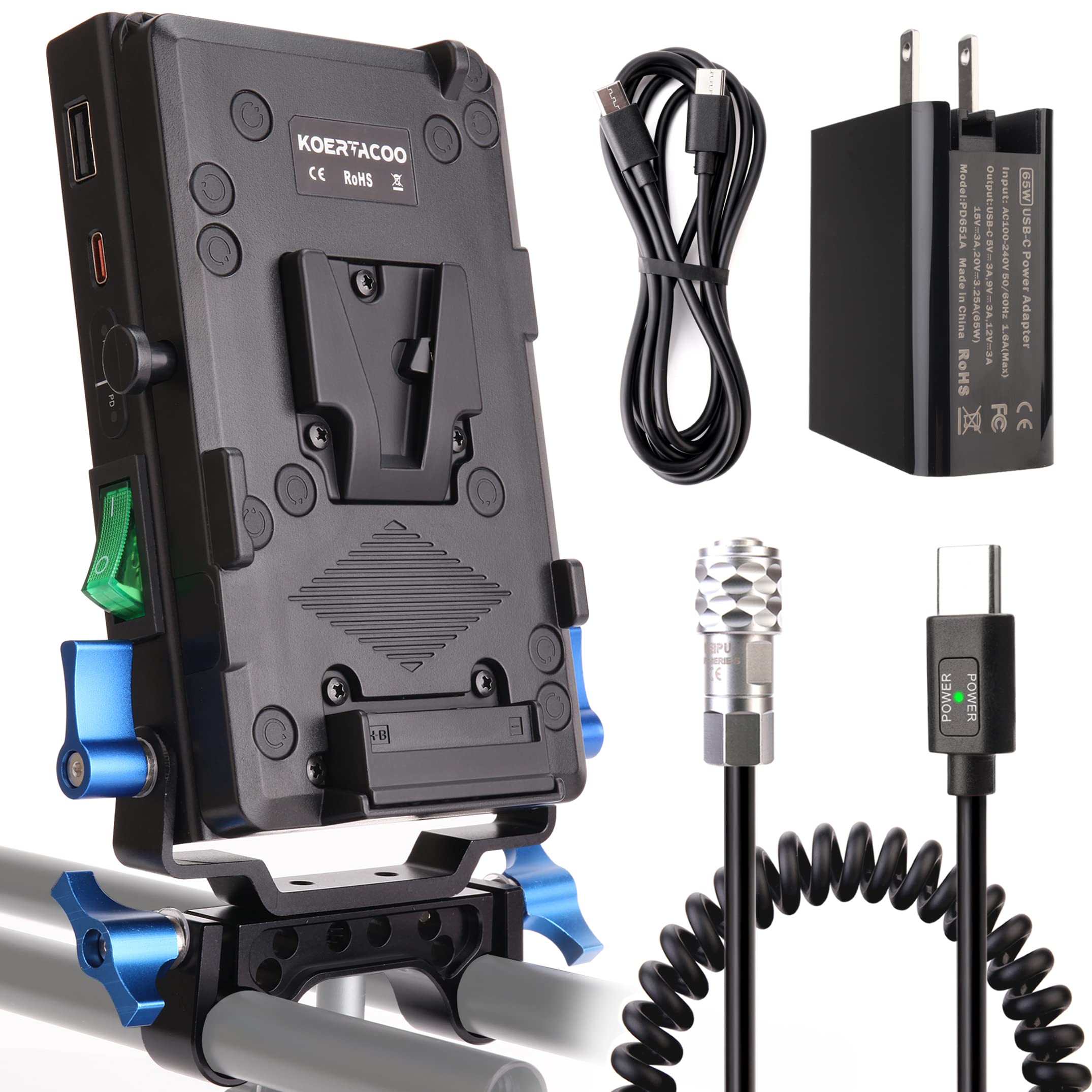 KOERTACOO V-Mount Lock Battery Plate Power Supply Splitter Adapter with V Mount Battery Charging Function + BMPCC 4K/6K USB-C PD Coiled Power Cable for Black Magic Pocket Cinema Camera.
