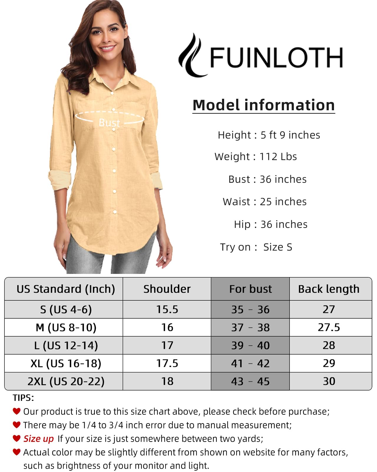 Fuinloth Women's Chambray Button Down Shirt, Long Sleeve Cotton Blouse, Long Jeans Tunic Top Light Orange Medium