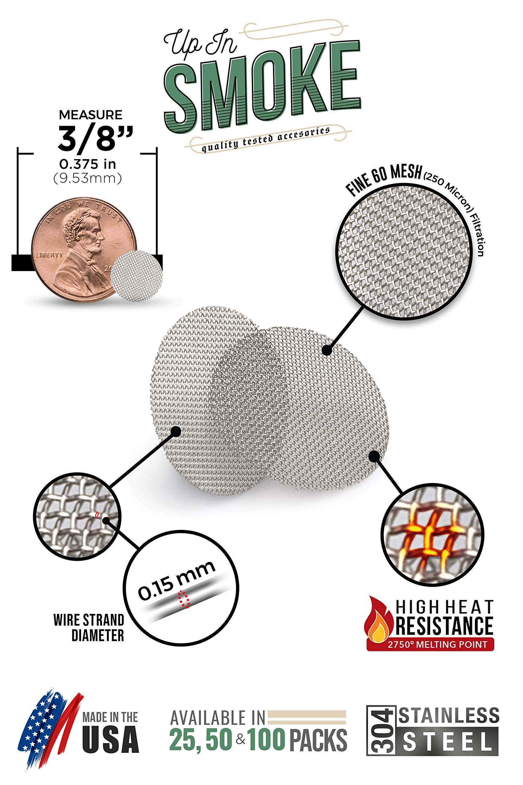 Made in The USA - 50 3/8 Inch (.375") 304 Stainless Steel Premium Pipe Screen Filters