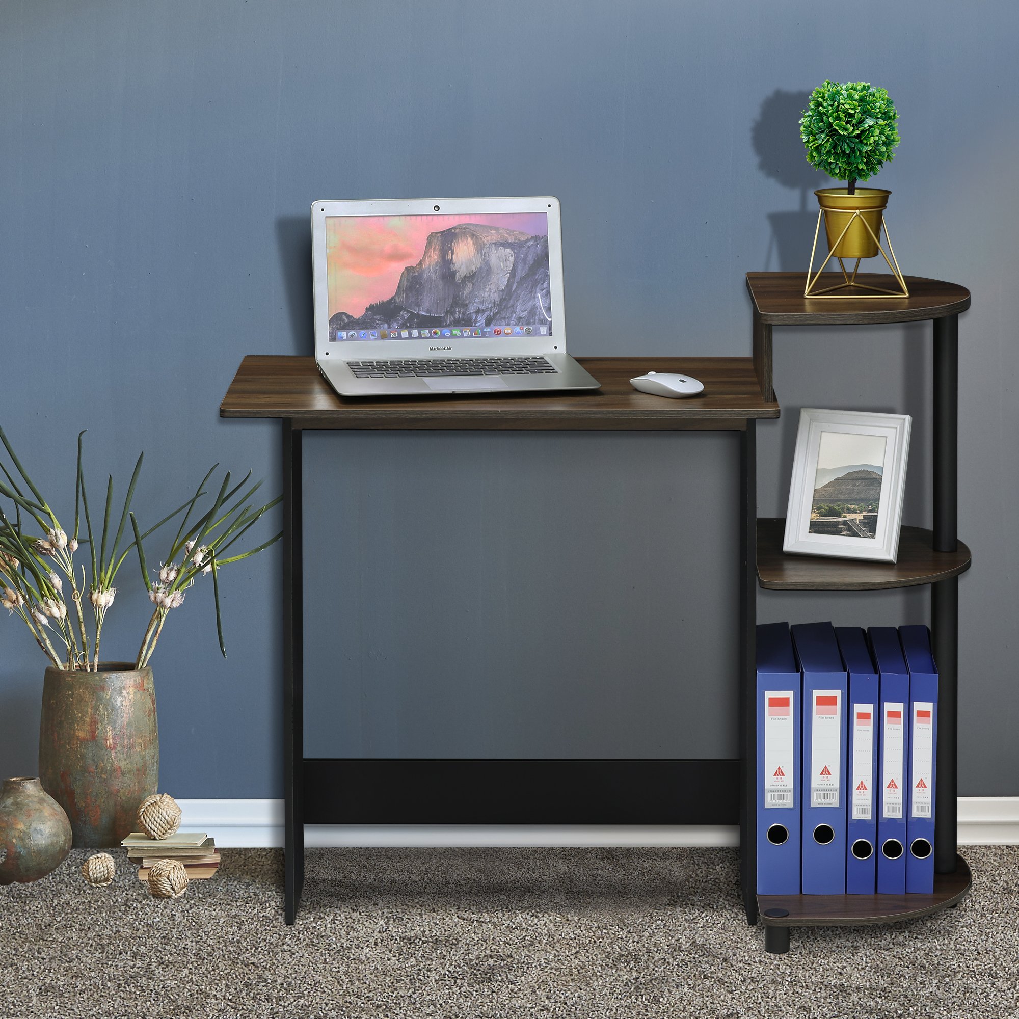 Furinno Compact Computer Desk with Shelves, Round Side, Columbia Walnut/Black