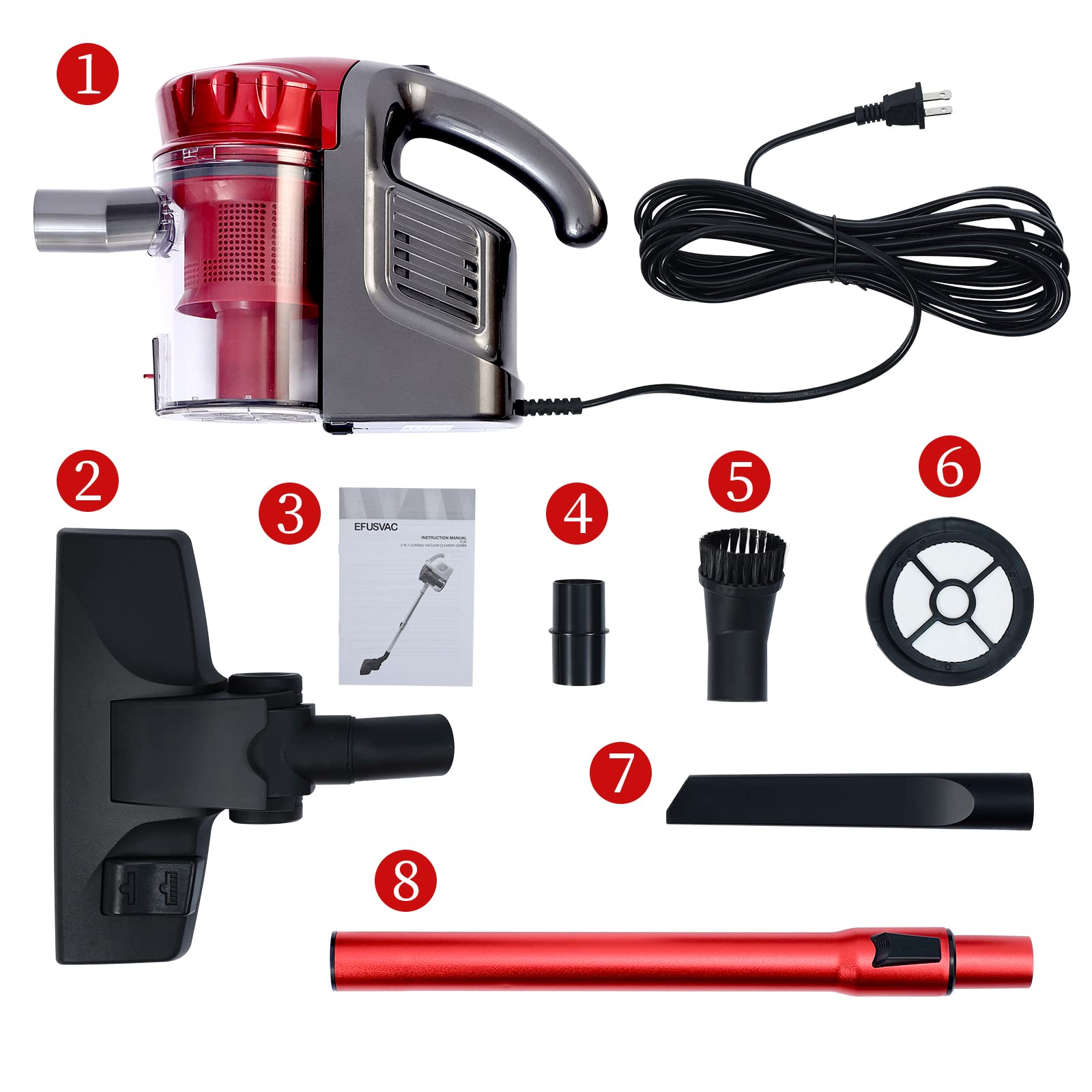 EFUSVAC Corded Vacuum Cleaner, 17KPa Powerful Suction with 600W Motor, 4 in 1 Lightweight Handheld Stick Vacuum for Pet Hair Hard Floor and Carpet
