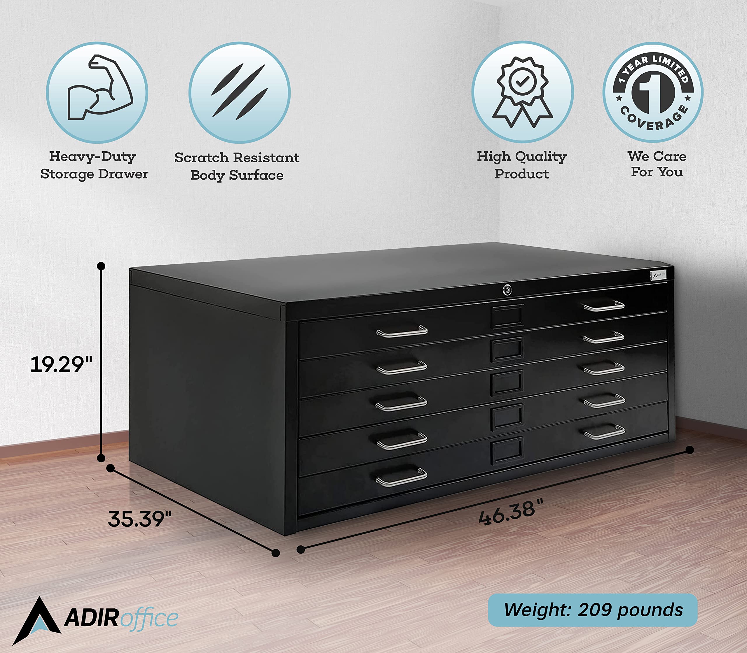 AdirOffice Flat File Cabinet - Heavy Duty 5-Drawer Blueprint Sheets Storage, 35" x 46" Great for Documents Sized 30” x 42”, Ideal for Artists, Art Files, Engineers, Architects, Offices - Black