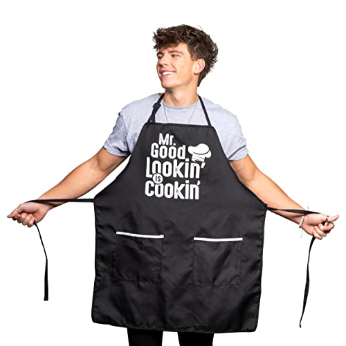 ALLER HOME&KITCHEN Aprons for Men. Mr Good Looking Black Apron with Pockets. Adjustable Kitchen Apron, Cooking Apron, Grilling BBQ Apron. Funny Apron Mens Gift