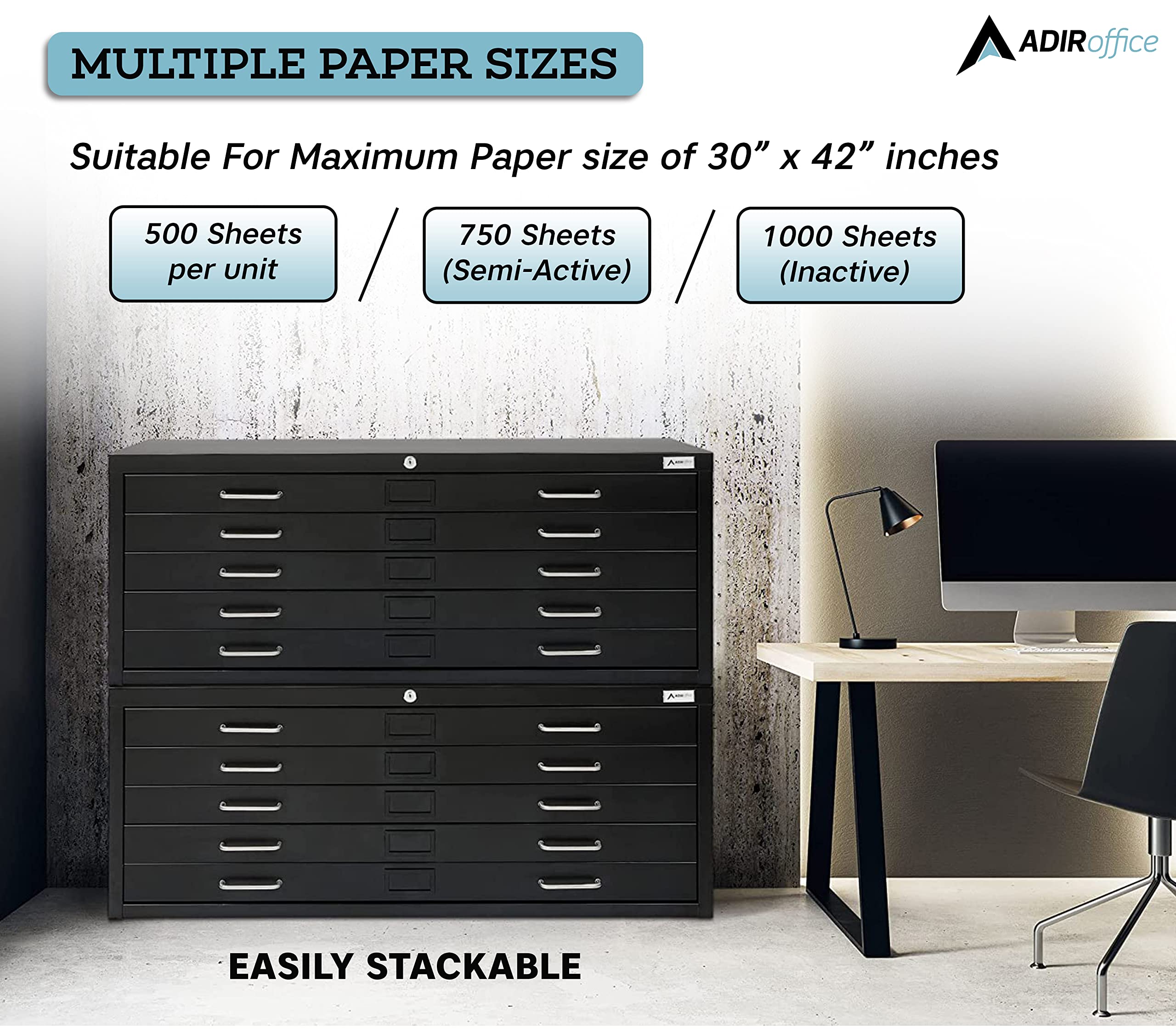 AdirOffice Flat File Cabinet - Heavy Duty 5-Drawer Blueprint Sheets Storage, 35" x 46" Great for Documents Sized 30” x 42”, Ideal for Artists, Art Files, Engineers, Architects, Offices - Black