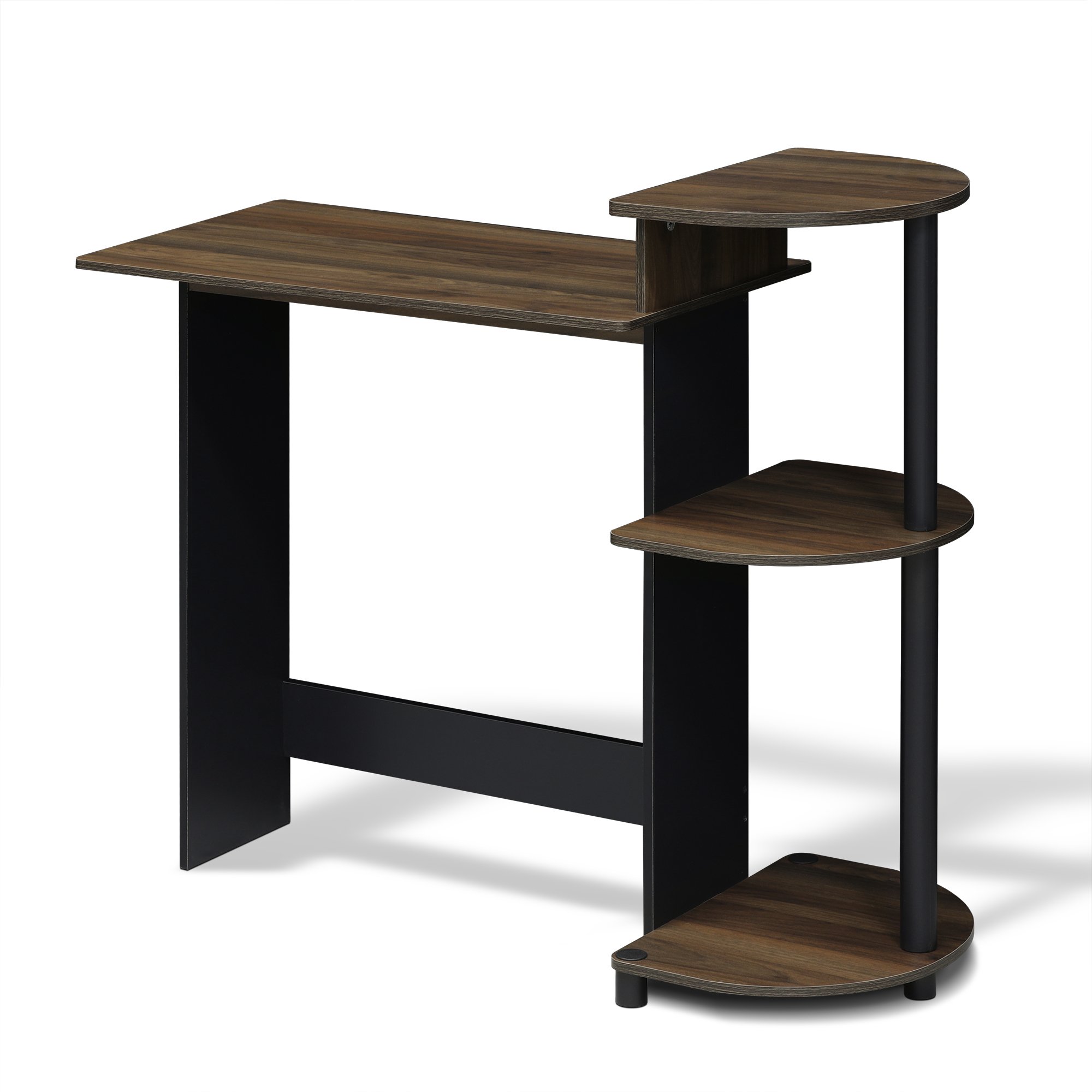 Furinno Compact Computer Desk with Shelves, Round Side, Columbia Walnut/Black
