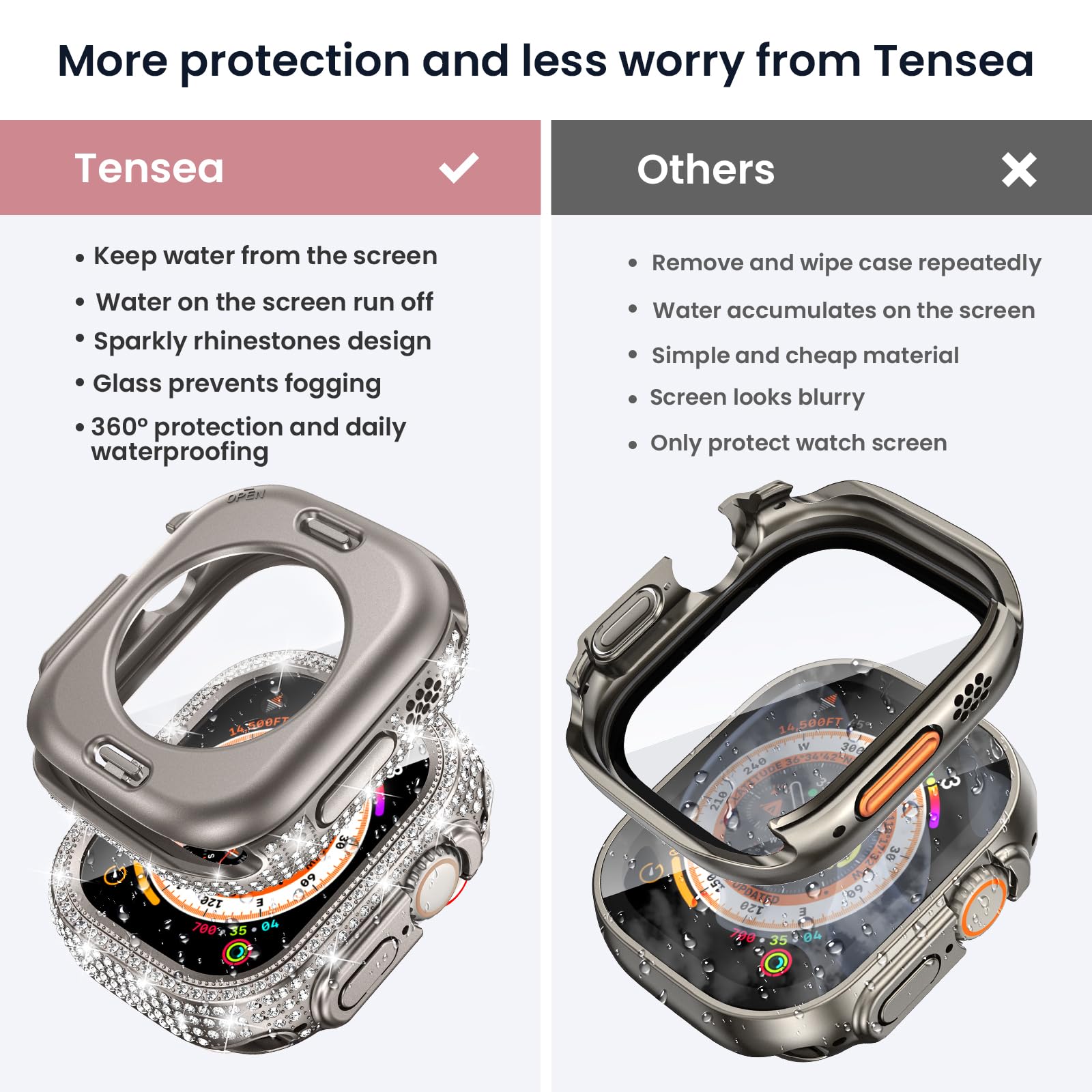 Tensea [2 in 1 for Waterproof Apple Watch Ultra2/Ultra Screen Protector Case 49mm Accessories, iWatch Hard PC Diamond Front and Back Bumper Case with Tempered Glass Film, Bling Face Cover Women, 49 mm