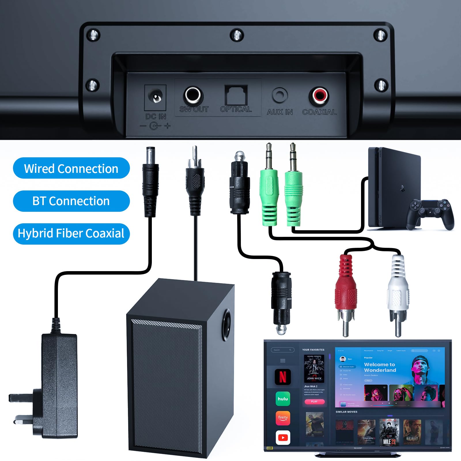 Smalody TV Speakers, Home Theater Speaker Wireless Audio Sound bar TV Speaker + Bass Subwoofer, Bluetooth Enabled/Optical/AUX/COAXIAL Inputs/Remote Control