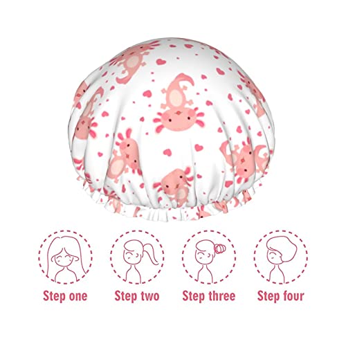 Shower Cap Axolotl Reusable Bath Shower Caps For Women Long Hair, Double Layer Waterproof Bathing Shower Hat Hair Protector For Kids Girls Women, 1 Pack