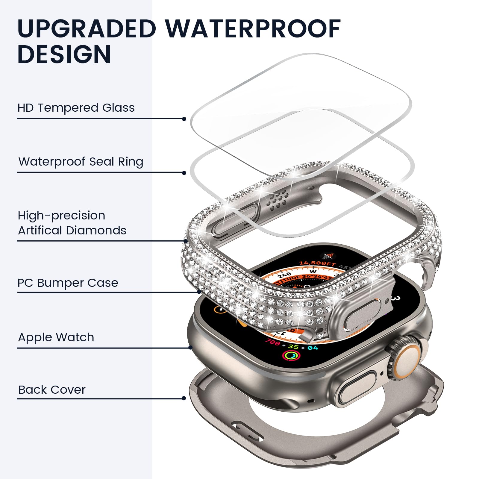 Tensea [2 in 1 for Waterproof Apple Watch Ultra2/Ultra Screen Protector Case 49mm Accessories, iWatch Hard PC Diamond Front and Back Bumper Case with Tempered Glass Film, Bling Face Cover Women, 49 mm