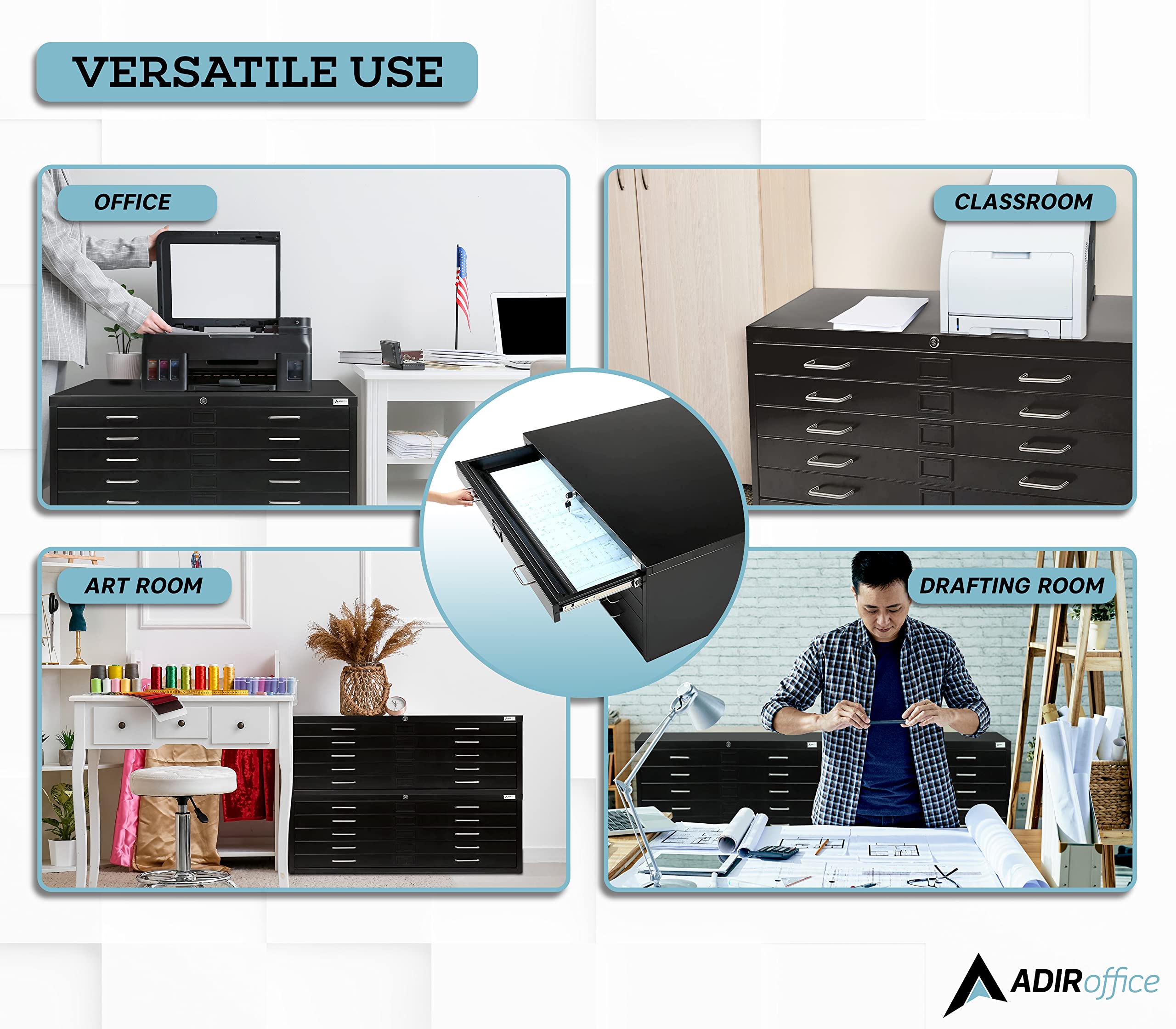 AdirOffice Flat File Cabinet - Heavy Duty 5-Drawer Blueprint Sheets Storage, 35" x 46" Great for Documents Sized 30” x 42”, Ideal for Artists, Art Files, Engineers, Architects, Offices - Black