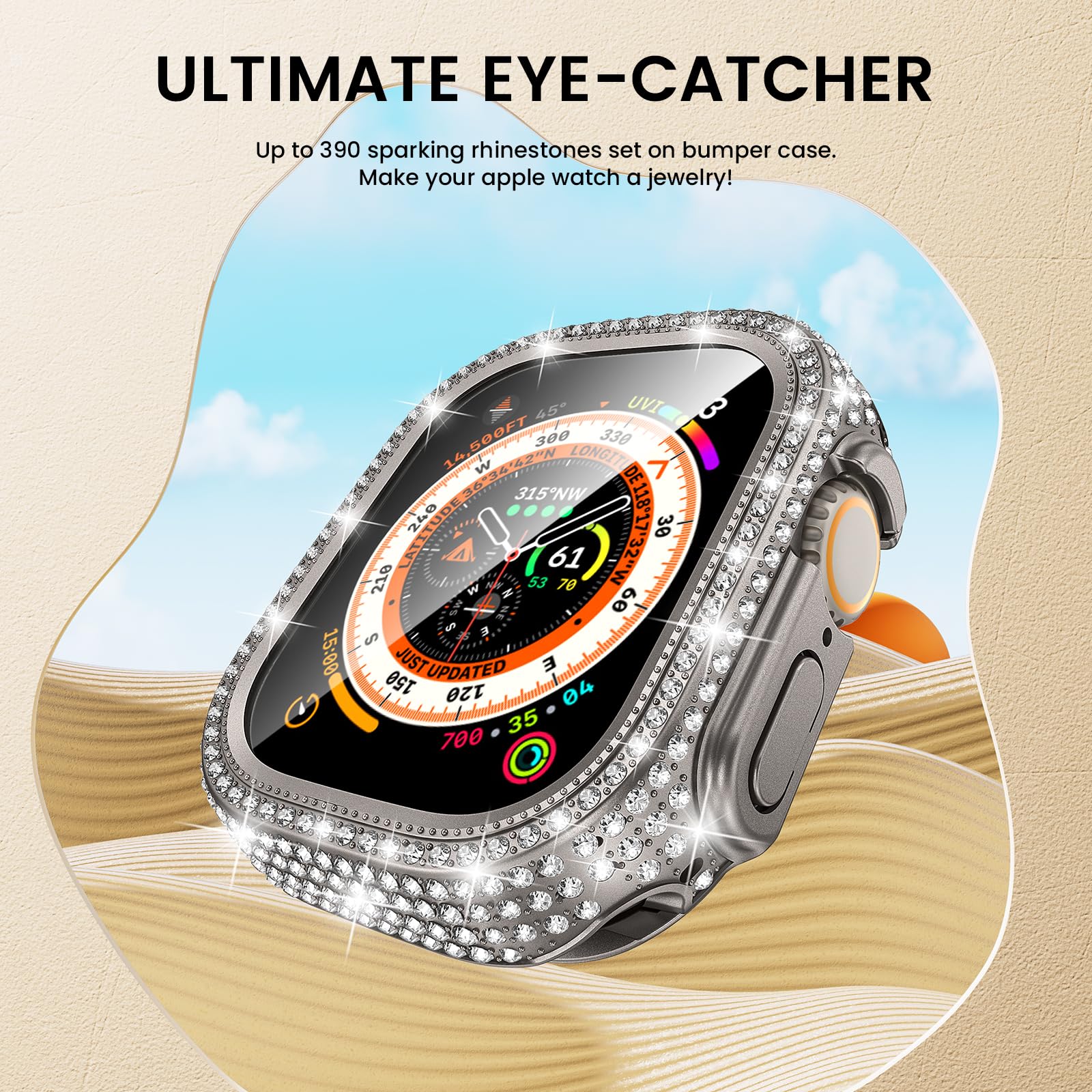 Tensea [2 in 1 for Waterproof Apple Watch Ultra2/Ultra Screen Protector Case 49mm Accessories, iWatch Hard PC Diamond Front and Back Bumper Case with Tempered Glass Film, Bling Face Cover Women, 49 mm