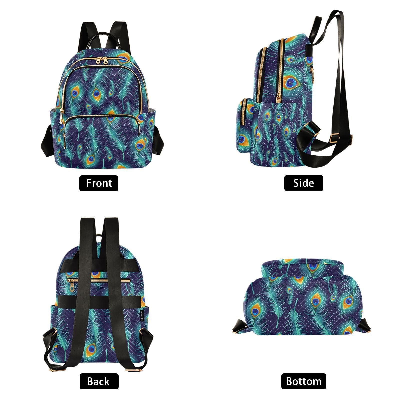 Yasala Women Fashion Backpack Blue Gold Grace Peacock Feather Sturdy Daily Bag Compact Regular Bag Diaper Bag