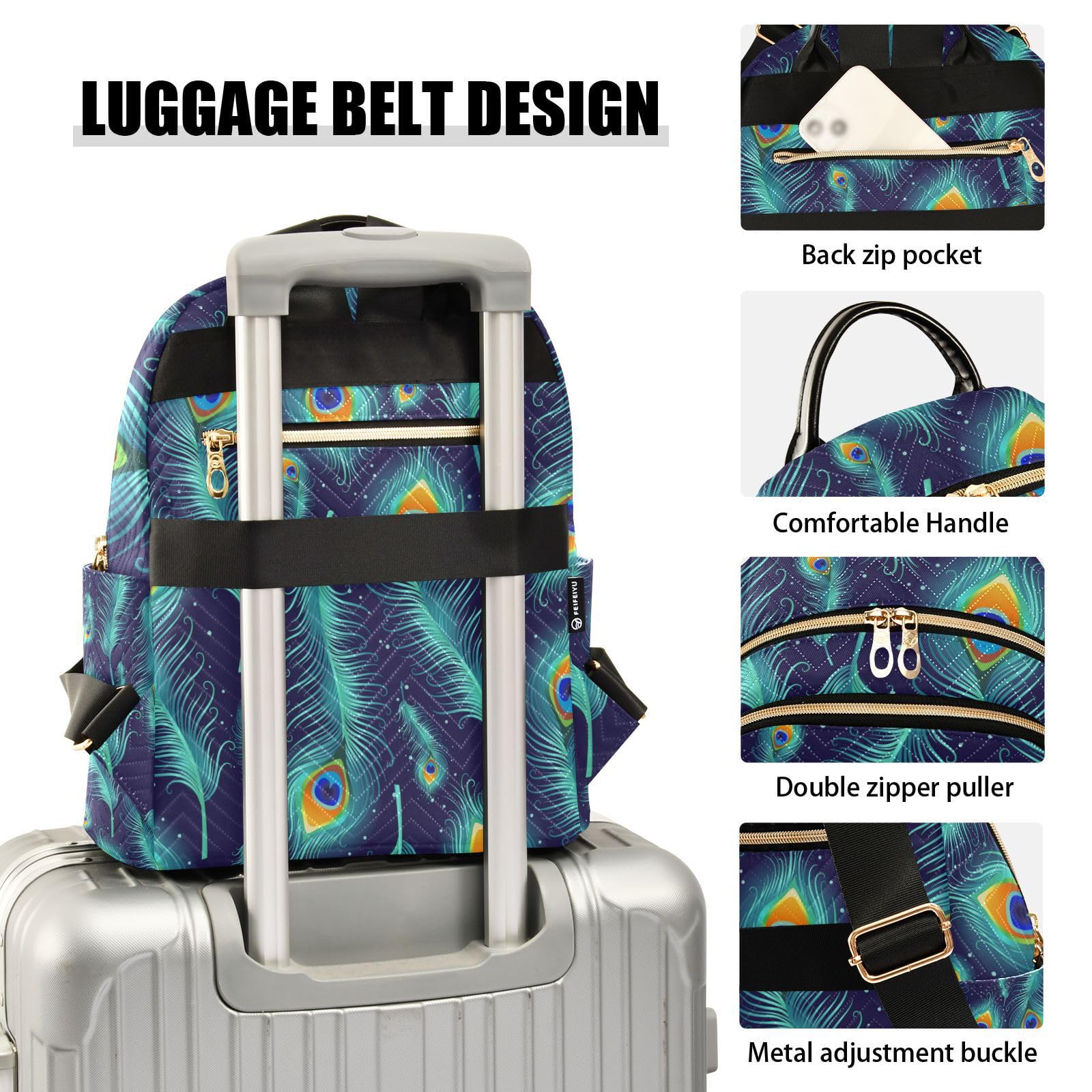 Yasala Women Fashion Backpack Blue Gold Grace Peacock Feather Sturdy Daily Bag Compact Regular Bag Diaper Bag