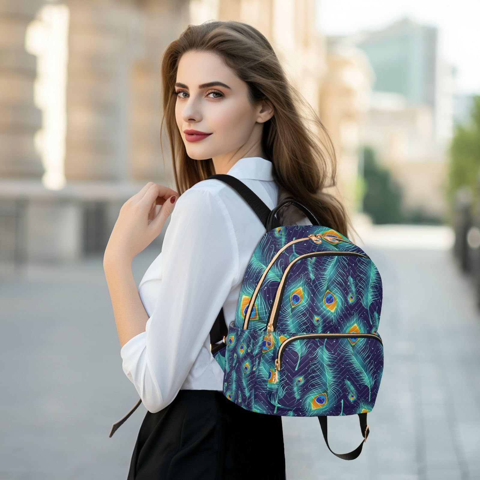 Yasala Women Fashion Backpack Blue Gold Grace Peacock Feather Sturdy Daily Bag Compact Regular Bag Diaper Bag