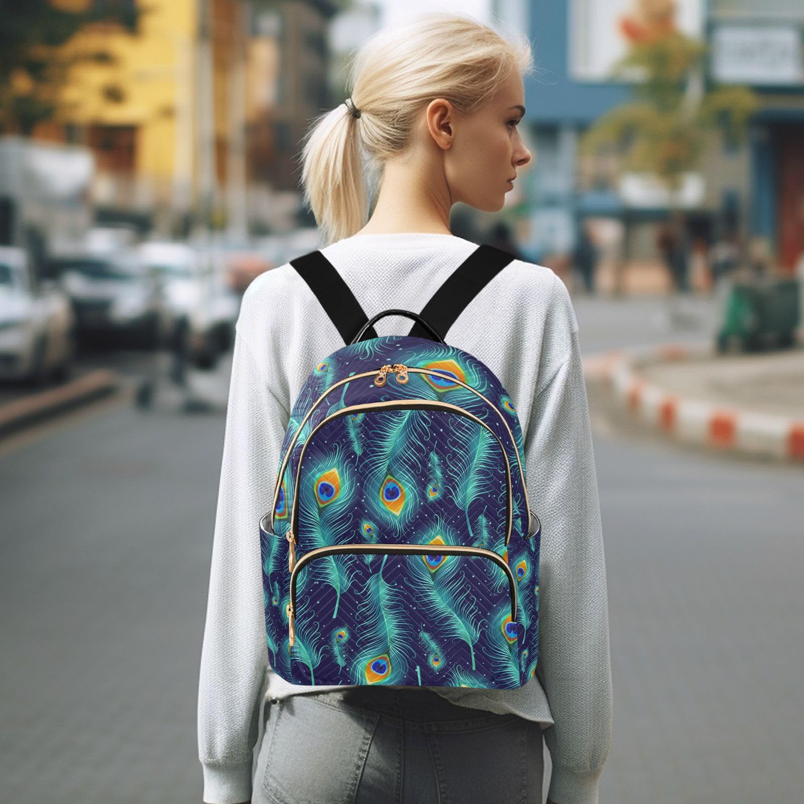 Yasala Women Fashion Backpack Blue Gold Grace Peacock Feather Sturdy Daily Bag Compact Regular Bag Diaper Bag