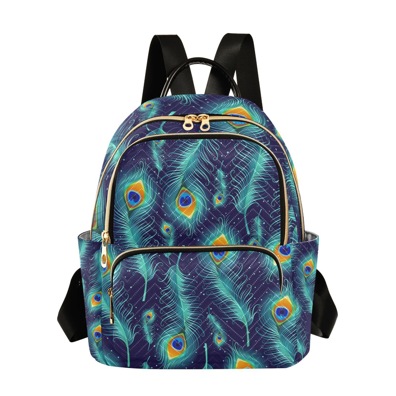 Yasala Women Fashion Backpack Blue Gold Grace Peacock Feather Sturdy Daily Bag Compact Regular Bag Diaper Bag