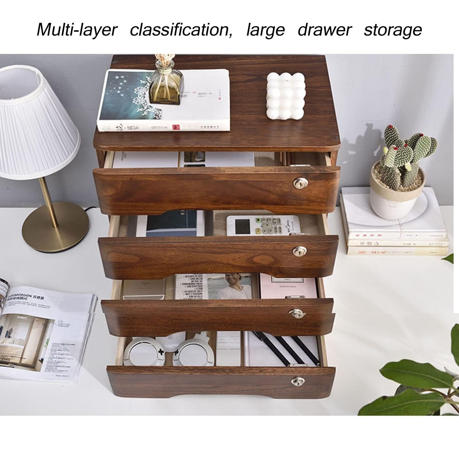 JAEFIT Solid Wood Storage Box - Flat File Cabinet, Wooden Desktop Storage Box with Lockable Drawers, Office Supplies A4/Receipt File Organizer (Size : 2 Layer)