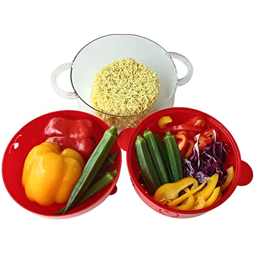 NICO SEE WONDER 2000ML/68OZ Microwave Ramen Bowl, Noodle Bowl with Strainer and Handle, Steamer for Cooking Food and Vegetables,Multifunctional Bowl for Cooking, Rinse,Storage. (Red)